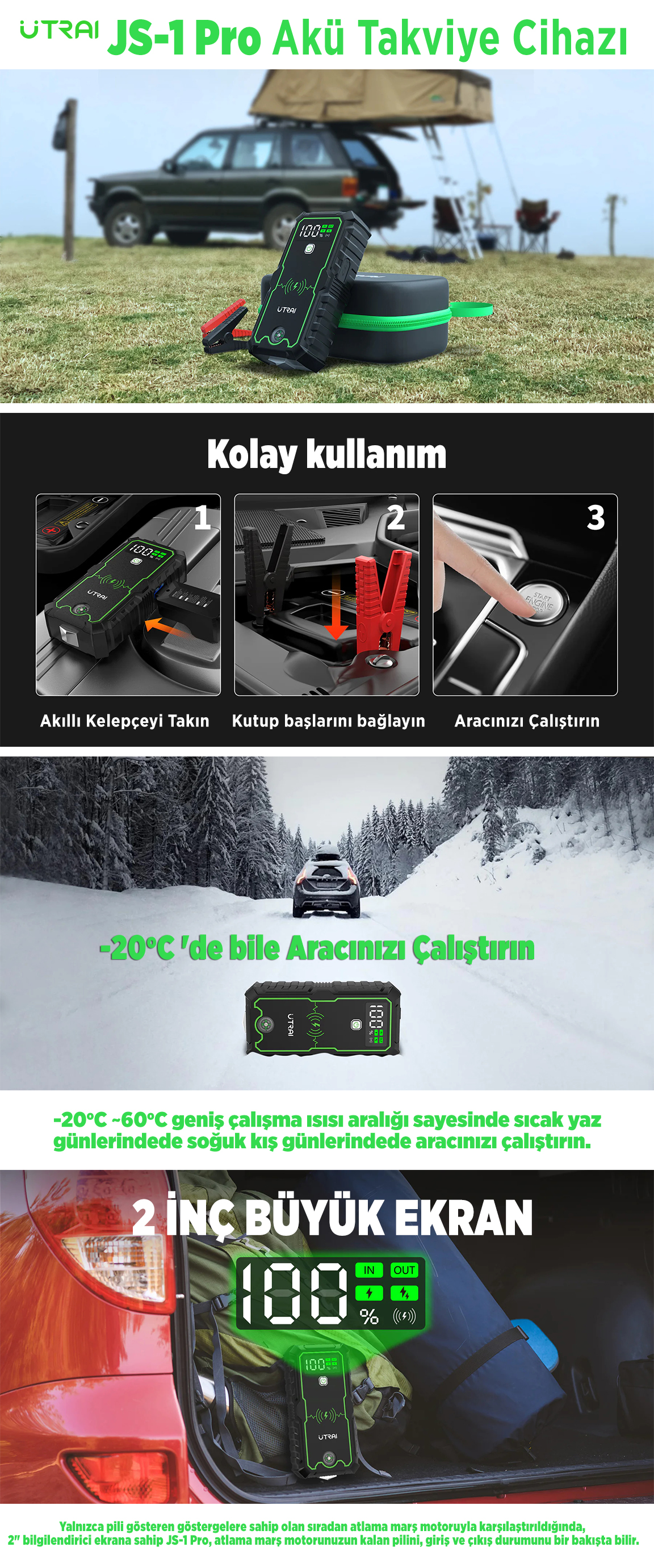 Utraı Js-1 Pro 16000mah 2500a Jump Starter Taşınabilir Akü Takviye Cihazı Kablosuz Şarj + Pusula ...