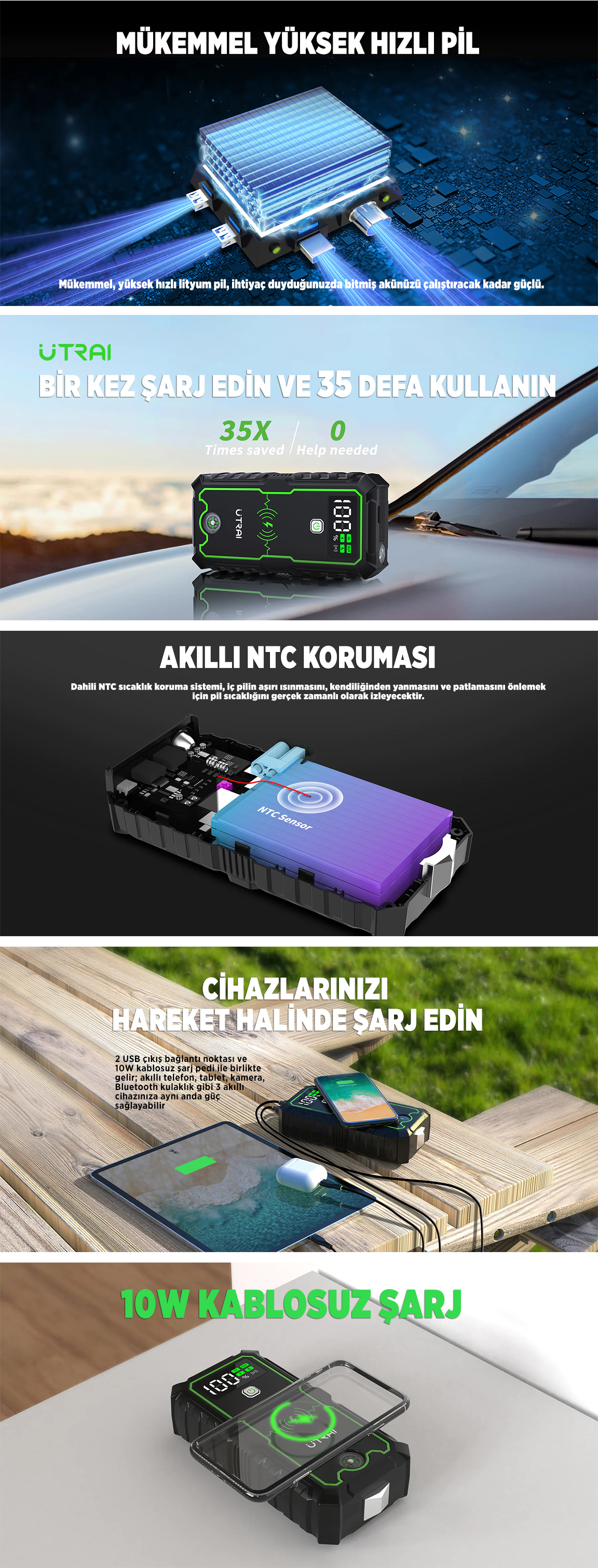 Utraı Js-1 Pro 16000mah 2500a Jump Starter Taşınabilir Akü Takviye Cihazı Kablosuz Şarj + Pusula ...