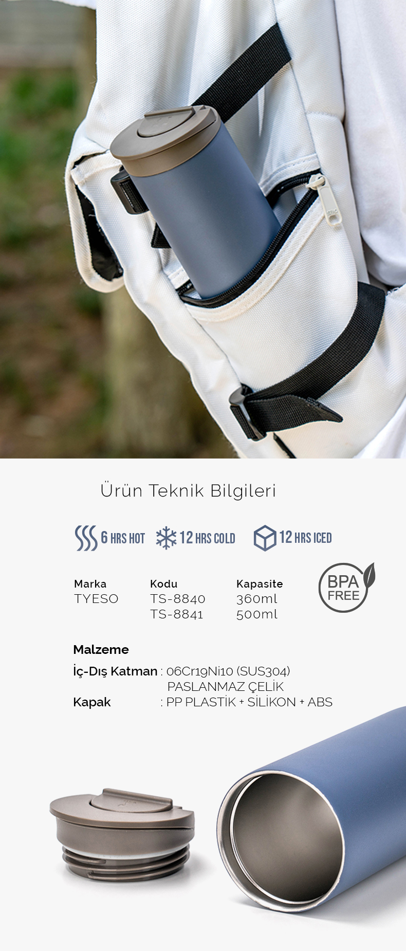 Tyeso Flat Termos Vakumlu Paslanmaz Çelik Taşıma Saplı 360ml - Pembe TS ...