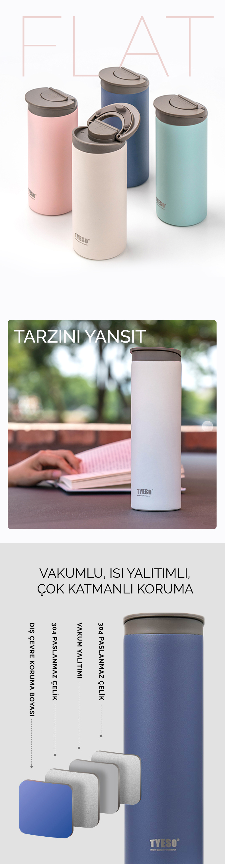 Tyeso Flat Termos Vakumlu Paslanmaz Çelik Taşıma Saplı 360ml - Pembe TS ...