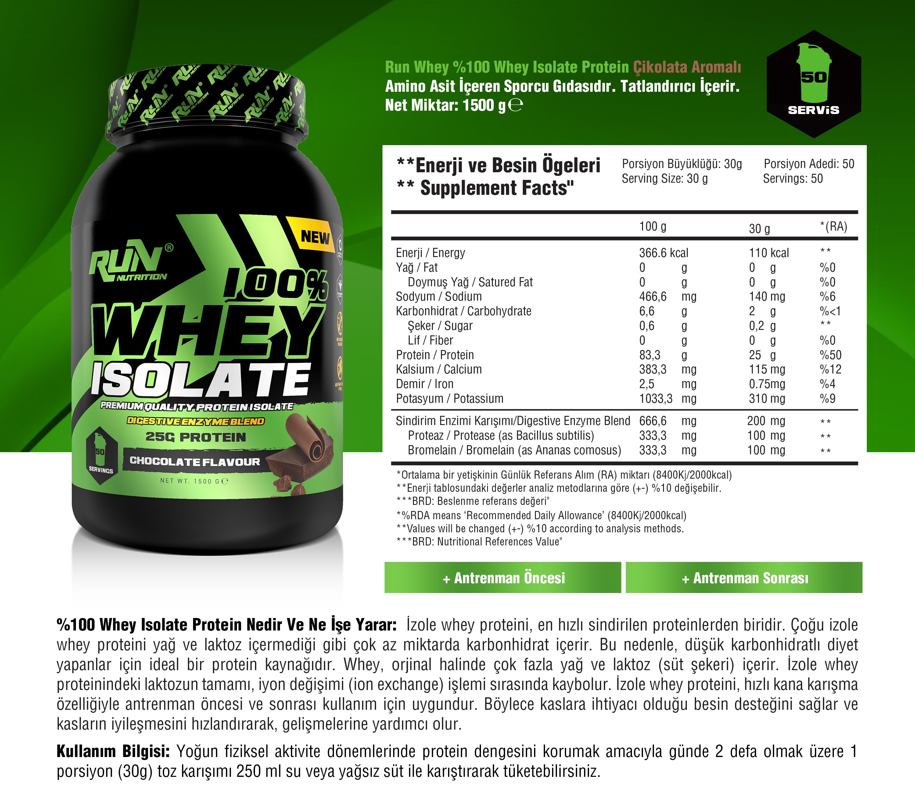Run Nutrition Isolate Whey Protein Çikolata Aromalı - 1500g -50 Servis ...